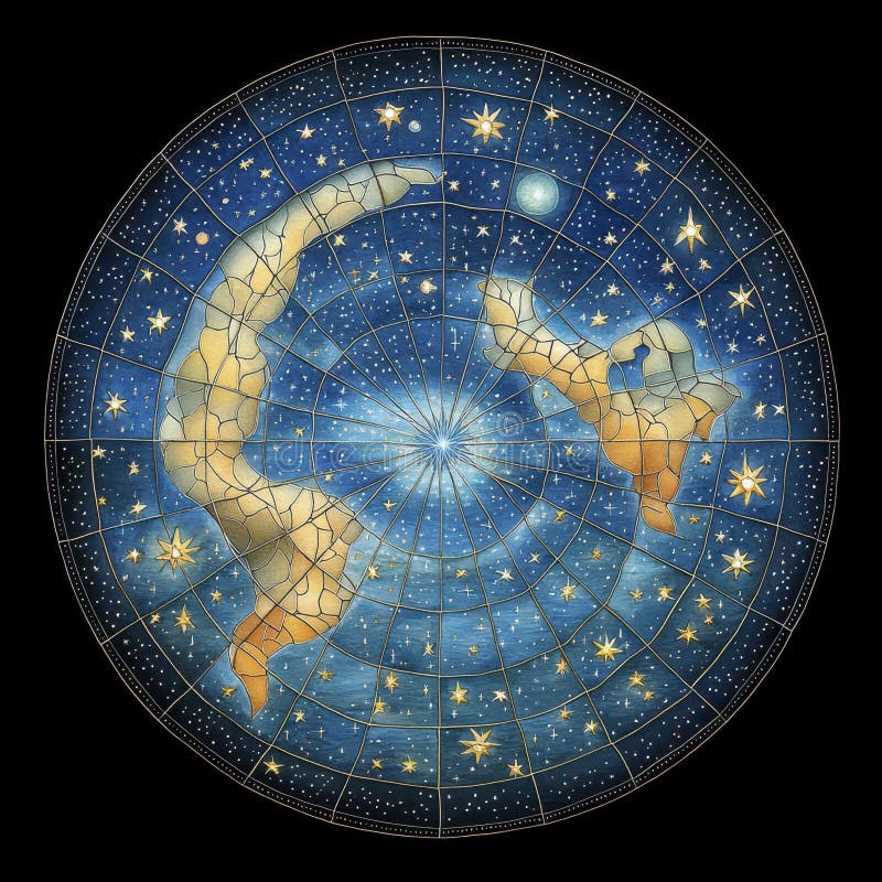 Circular Celestial Chart with Gold Stars on Dark Blue Background Stock ...