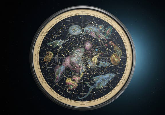 Circular Celestial Map Depicting Constellations. Features Artistic ...