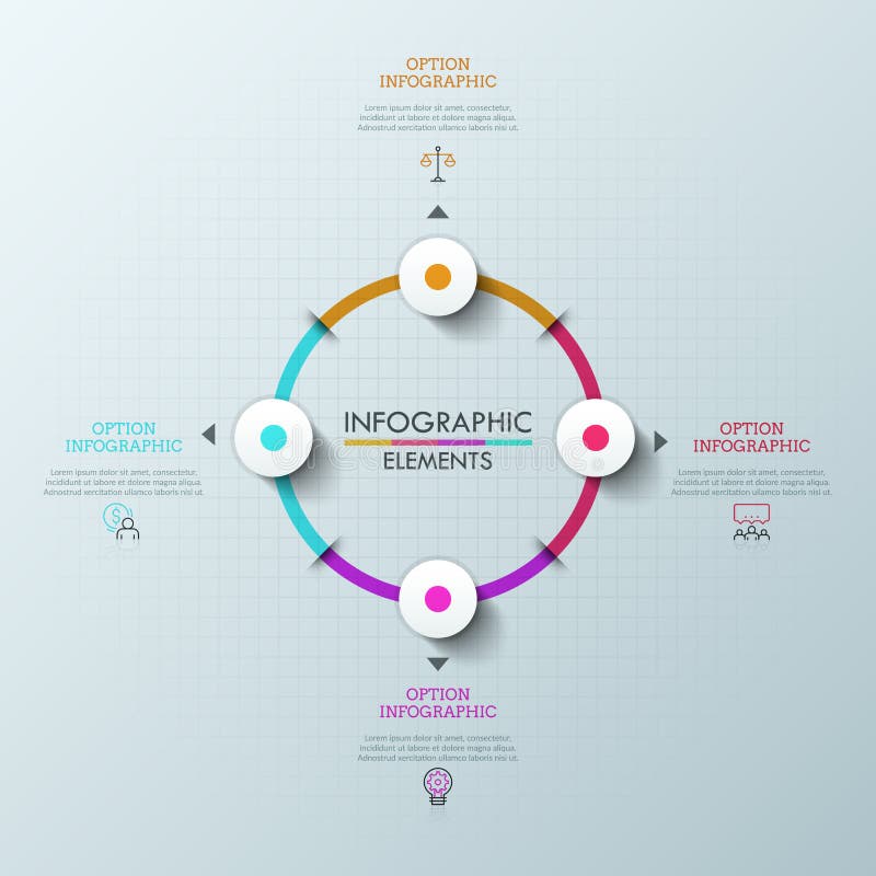 Circular Chart with 4 Round Colorful Elements, Arrows Pointing at Thin ...