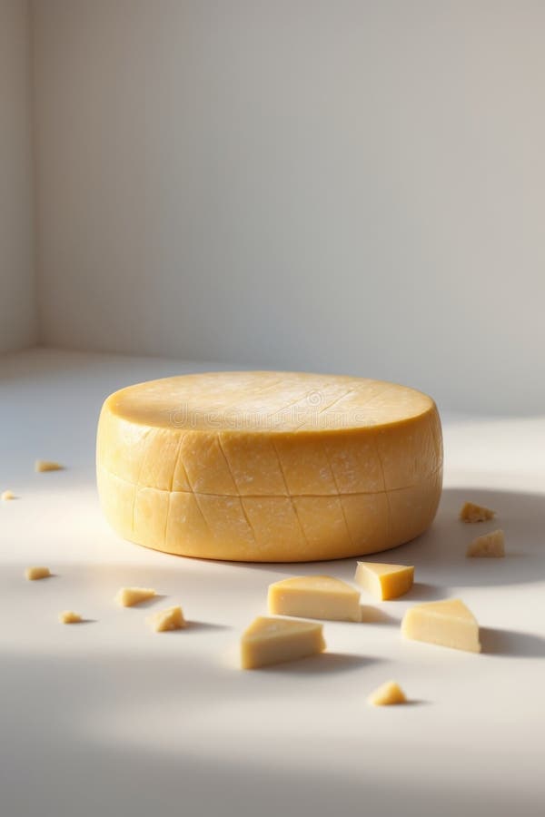 Circular Cheese Wheel with a Wedge and Small Pieces Cut from it on a ...