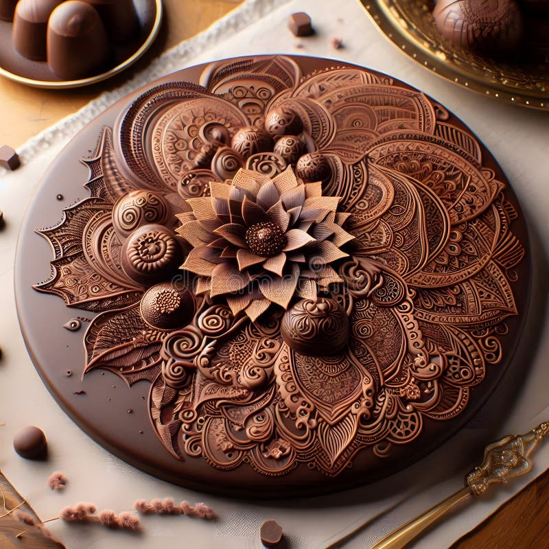 A Circular Chocolate Dessert with Intricate, Floral-inspired Patterns ...