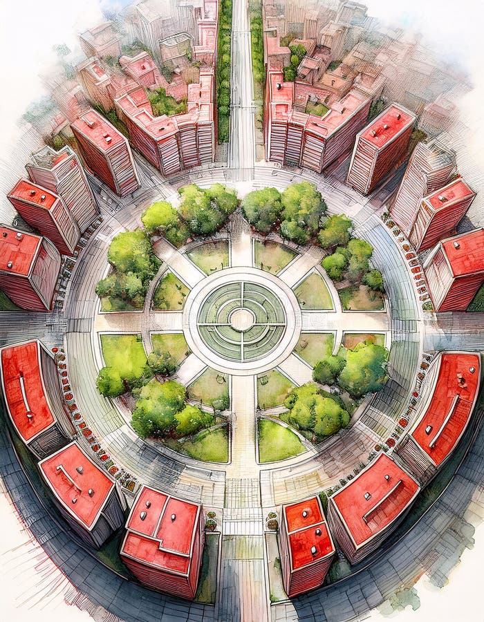 Circular City Design with Greenery and Red-roofed Buildings Stock ...