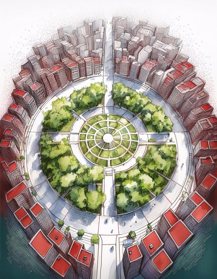 Circular City Design with Greenery and Red-roofed Buildings Stock ...