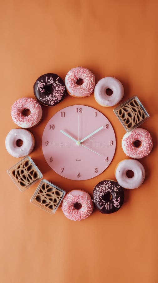 Circular Clock Surrounded by Donuts and Candies on Pink Background ...