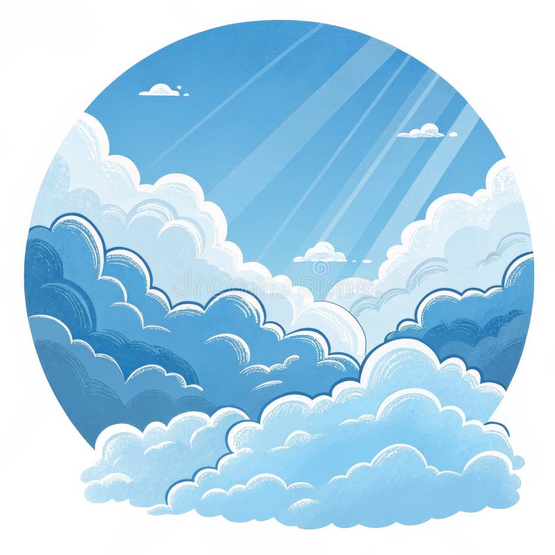 Circular Cloudscape Sun Rays, Blue Hues, Digital Illustration, Heaven, Sky, Clouds Clouds ...