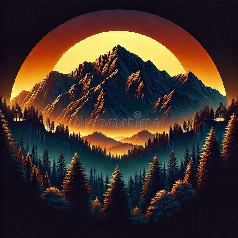 A Circular Composition Depicting a Mountain Range at Sunset, Surrounded ...