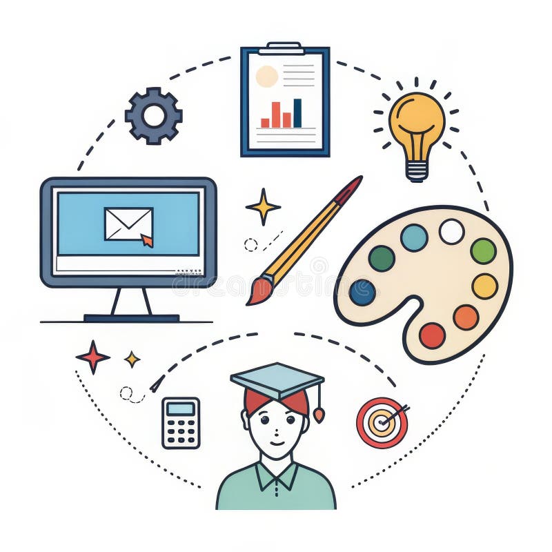 Circular Composition of Education and Creativity Icons, Isolated on ...