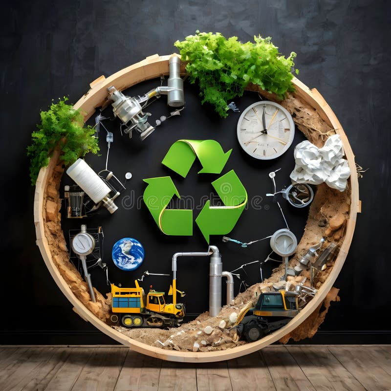A Circular Composition Featuring the Green Recycling Symbol Surrounded by Deconstructed ...