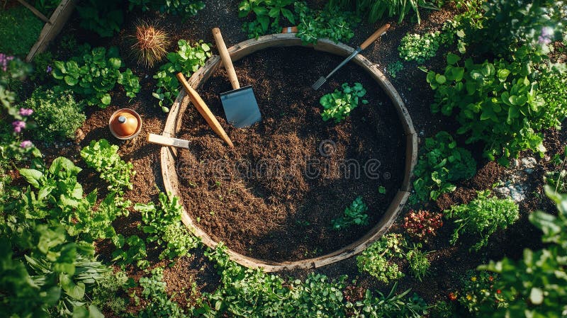 Circular Compost Mound with Tools and Plant Trimmings . Stock Image ...