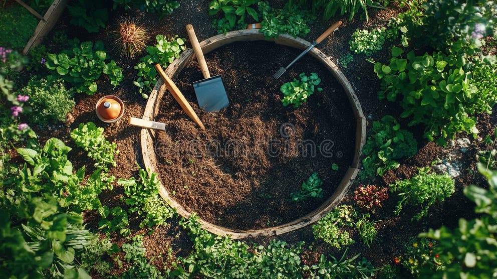 Circular Compost Mound with Tools and Plant Trimmings . Stock Image ...