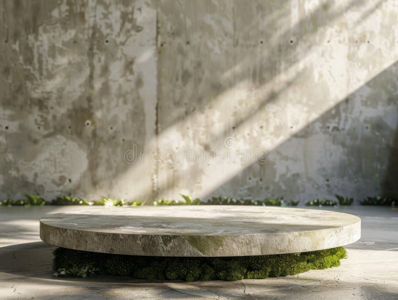Circular Concrete Platform with Moss Base Against a Weathered Wall ...