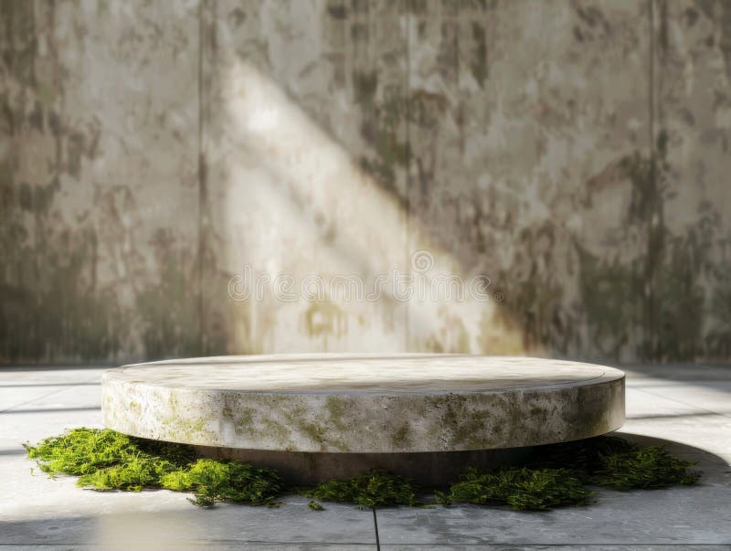 Circular Concrete Platform with Moss and Sunlight on a Weathered Wall ...