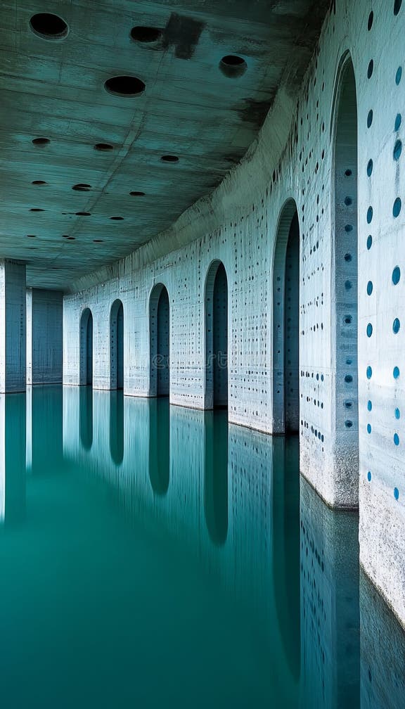 Circular Concrete Structure with Arches and Turquoise Water Reflection ...