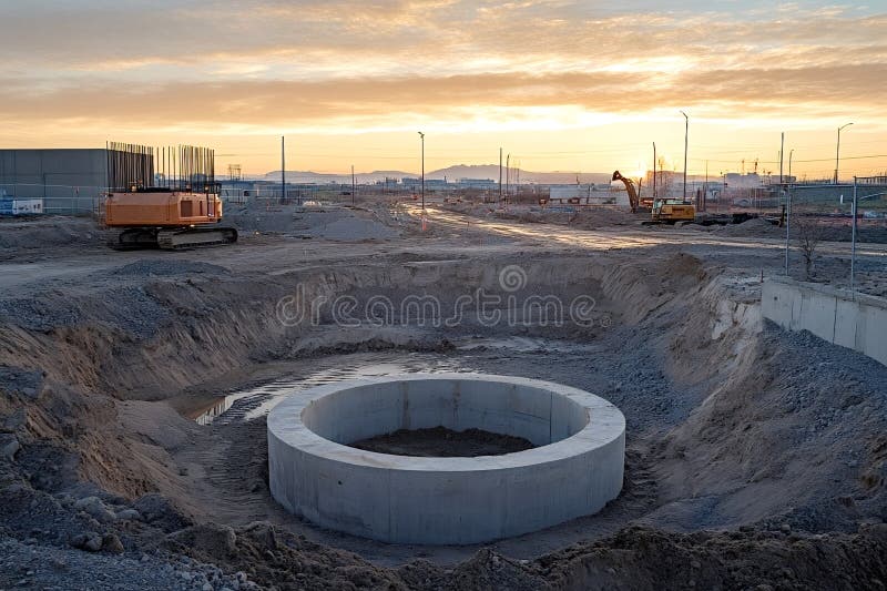Circular Concrete Structure Emerging in Construction Site at Sunset ...