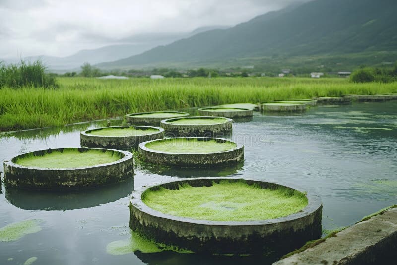 Circular Concrete Structure Supporting Vibrant Green Algae Growth in ...