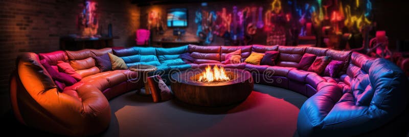 A Circular Couch with Colorful Cushions and a Fire Pit, AI Stock Image ...