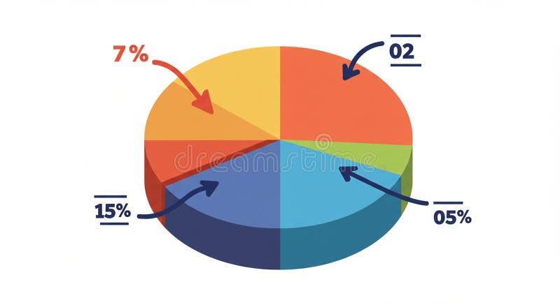 Circular 3D Pie Chart with Five Distinct Colored Segments: Orange (7 ...
