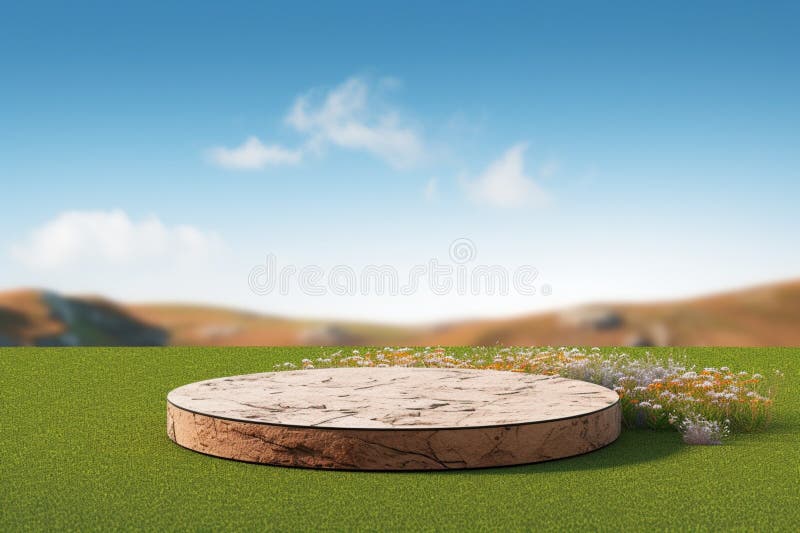 Circular 3D Podium with a Meadow Soil Ground in Rendering Stock ...