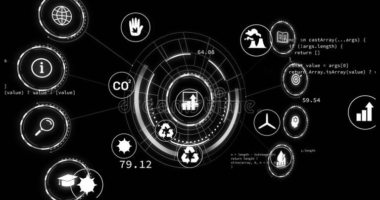 Circular Data Visualization with Environmental Icons and Coding Image Over Black Background ...
