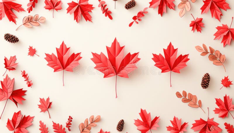 Circular Design with Red Maple Leaves and Pine Cones on White ...