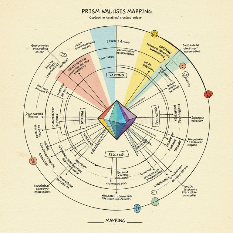 Circular Diagram with a Central Multi-colored Prism and Sections ...