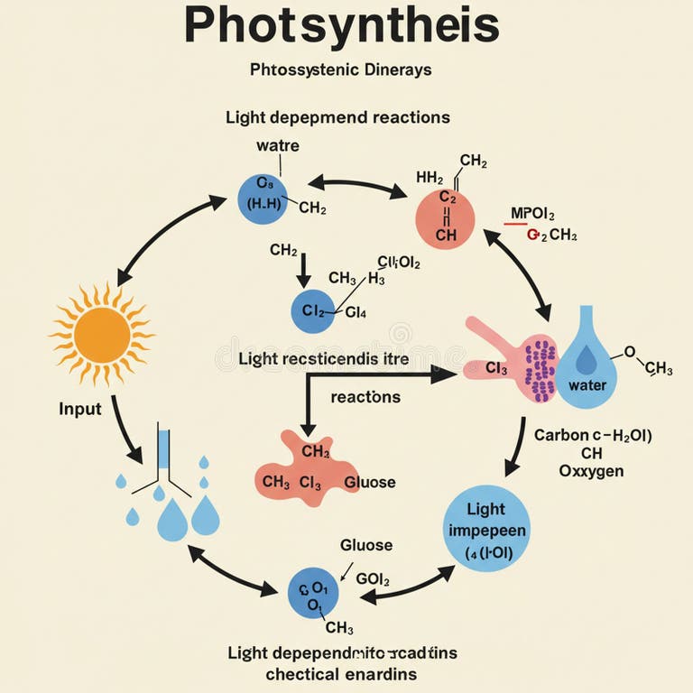 Circular Diagram Illustrating a Photosynthesis Process, with Noticeable Spelling Errors. Stock ...