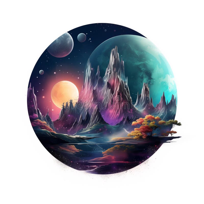 A Circular Digital Landscape with a Planet and Mountains in the ...