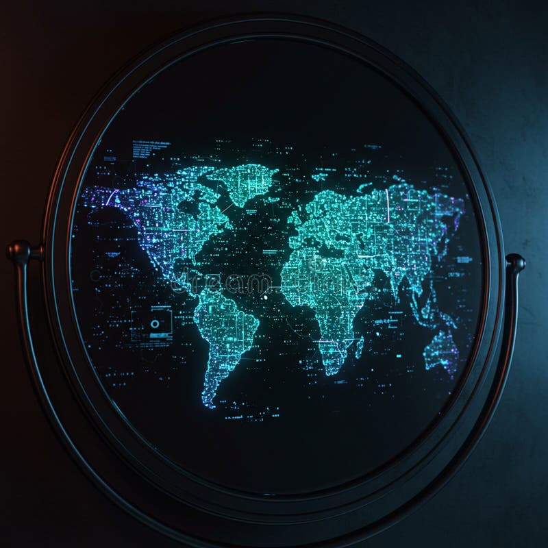 Circular Digital Map Projection Features a Glowing World Map with Blue ...