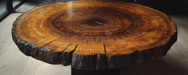 A Circular Dining Table Crafted from a Single, Thick Slab of Rich Wood ...