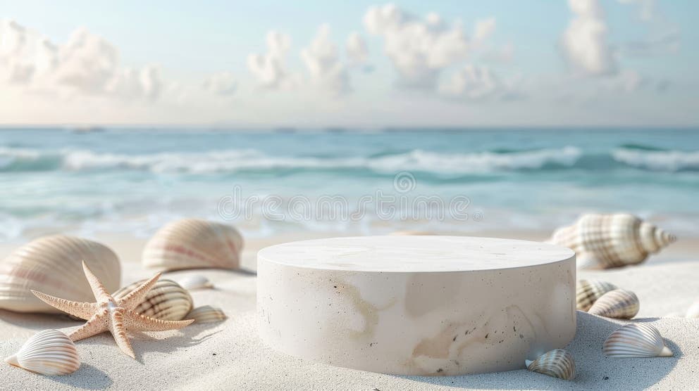 Circular Display Platform on Sandy Beach with Seashells Realistic ...