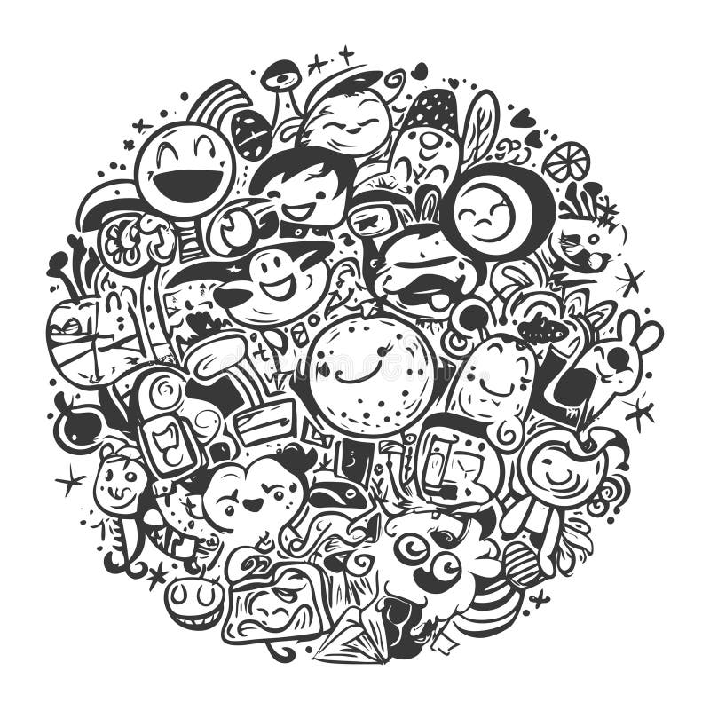 Joyful Doodle Characters in a Whimsical Circle Design Stock Vector ...