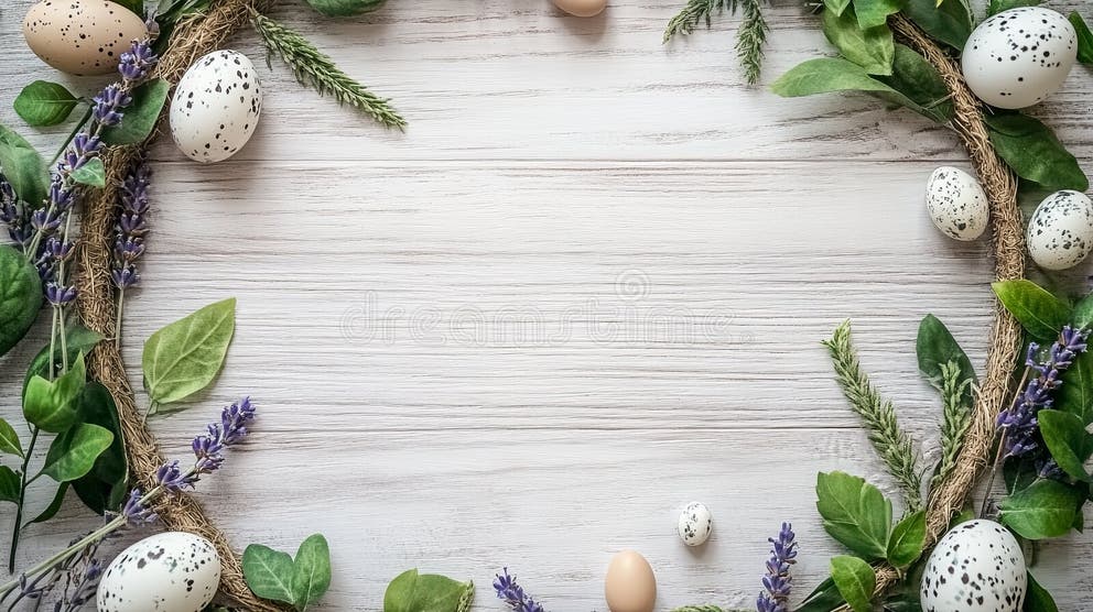 A Circular Easter Frame with Greenery, Eggs, and Lavender Sprigs Stock ...