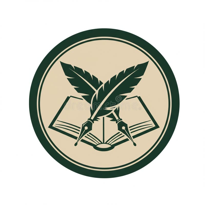 Circular Emblem Featuring an Open Book with Two Crossing Quill Pens ...