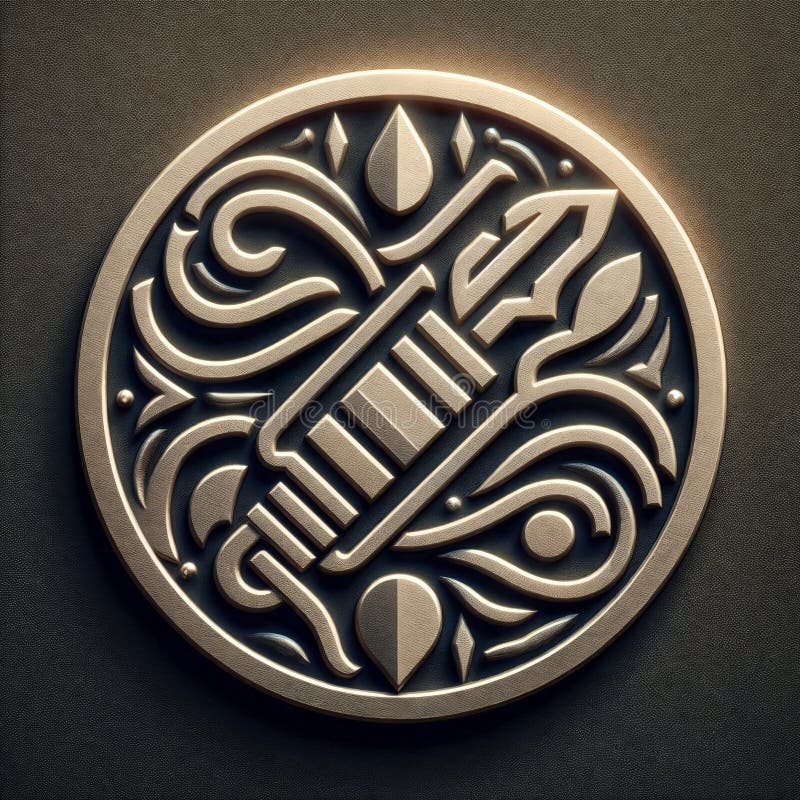 Circular Emblem with Metallic Texture and Stylized Pen Design Stock ...