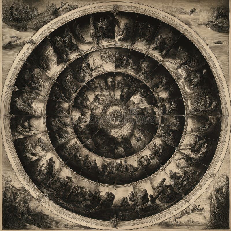 Circular Engraving Last Judgment. Heaven, Hell Scenes Shown in ...