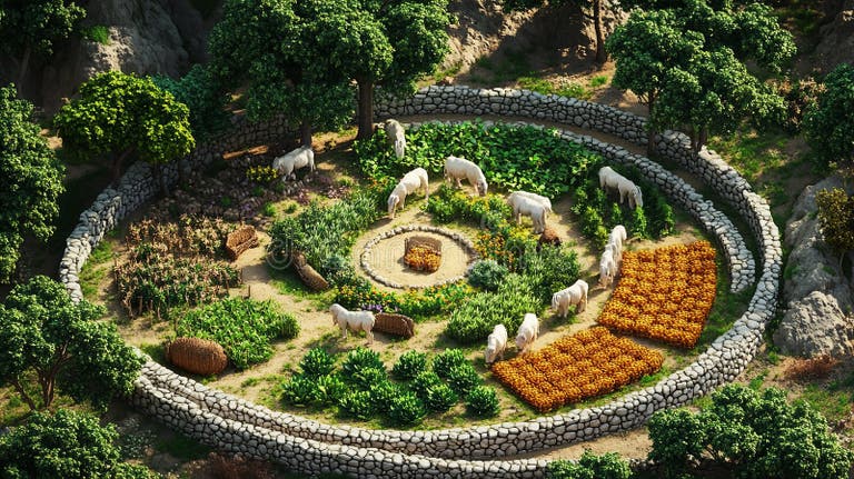 Circular Farming System Layout with Goats, Crops, Trees. Stock Photo ...