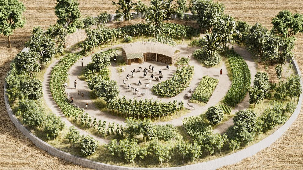 Circular Farming System Layout with Goats, Crops, Trees. Stock Photo ...