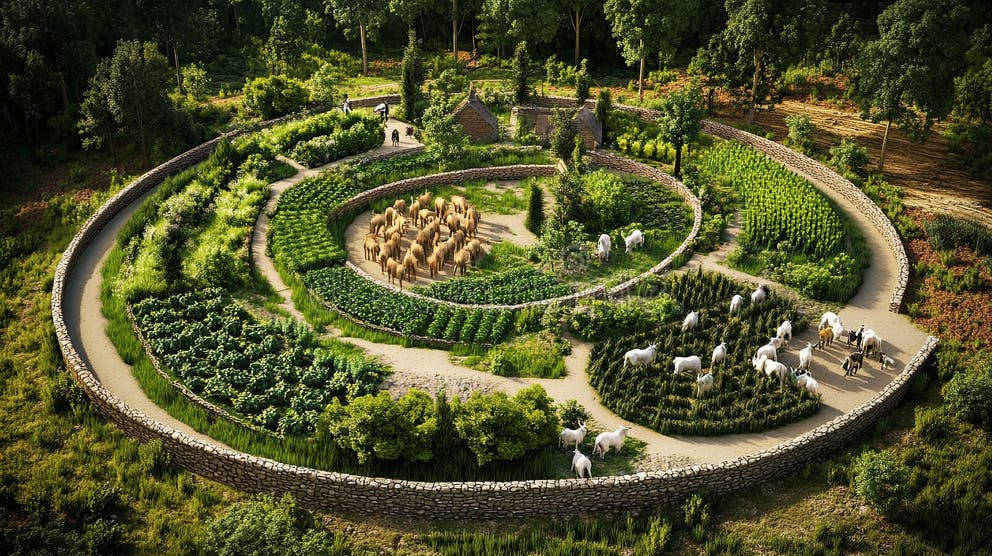 Circular Farming System Layout with Goats, Crops, Trees. Stock Photo ...