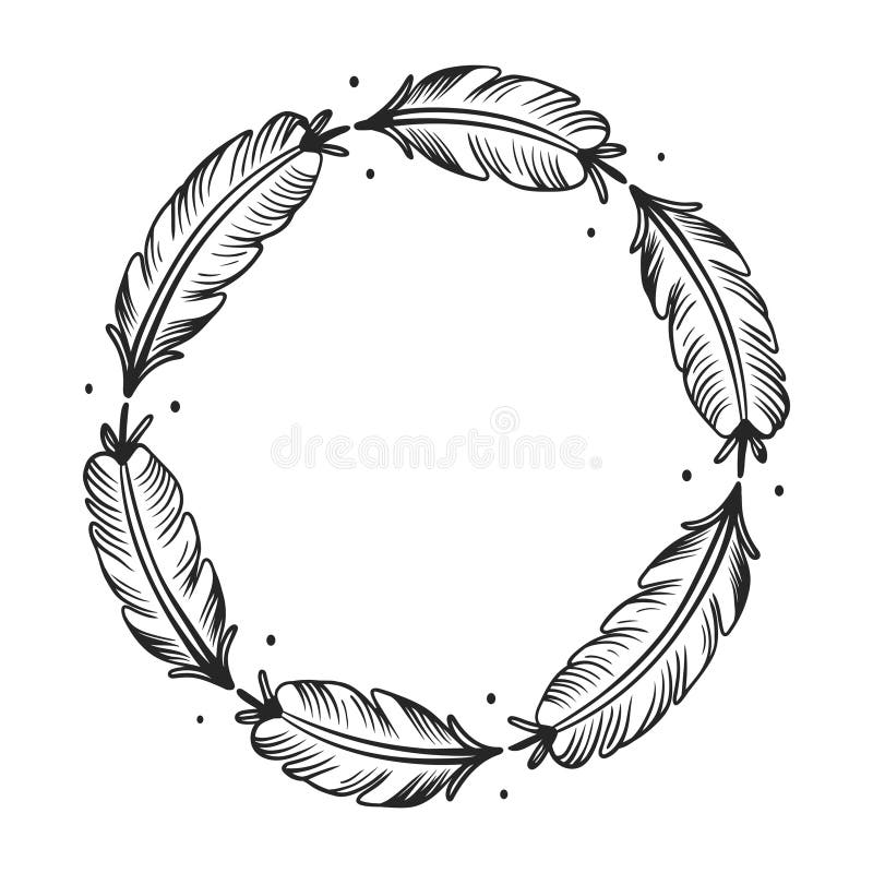 Circular Feather Wreath with Detailed Line Art Stock Vector ...
