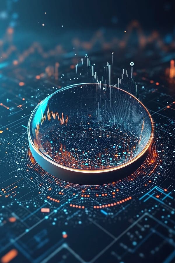 Circular Fintech Badge Floating on a Dynamic Matrix of Financial Data ...