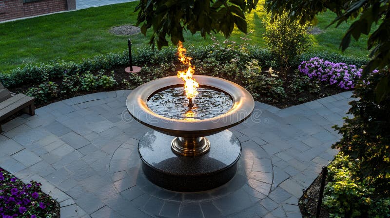 Circular Fire Pit with Water Feature and Flames in a Landscaped Outdoor ...