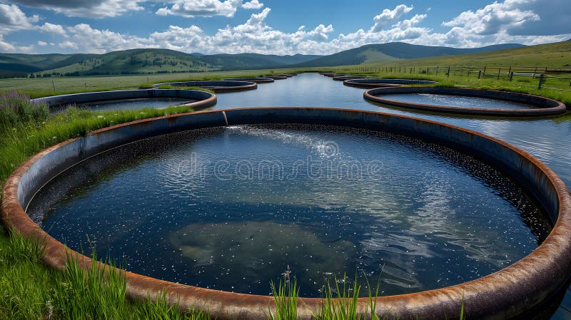 Circular Fish Farm in Serene Lake Landscape Stock Illustration ...