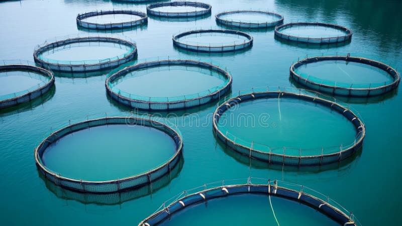 Circular Fish Farms in a Turquoise Sea Stock Photo - Image of fishmeal ...