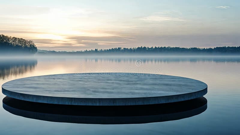 Circular Floating Platform on Tranquil Lake during Sunrise with Misty ...