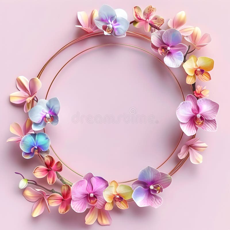 A Circular Floral Frame Featuring Colorful Orchids and Blossoms on a ...