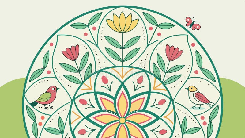 Circular Floral Pattern with Birds and Flowers Vector Design Generative ...
