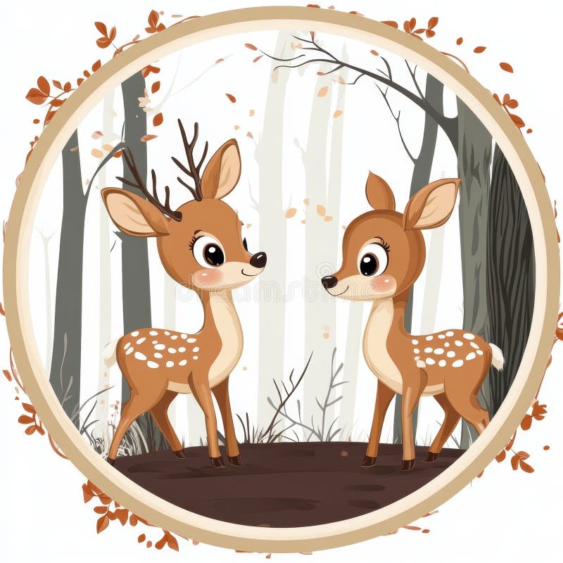 Circular Forest Scene with Mother Deer and Cub Stock Photo - Image of ...