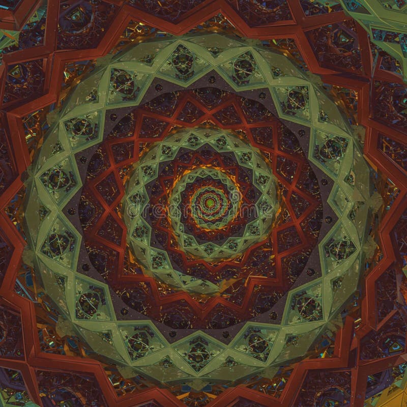 Circular Fractal Pattern with Intricate Geometric Designs in Green, Red ...