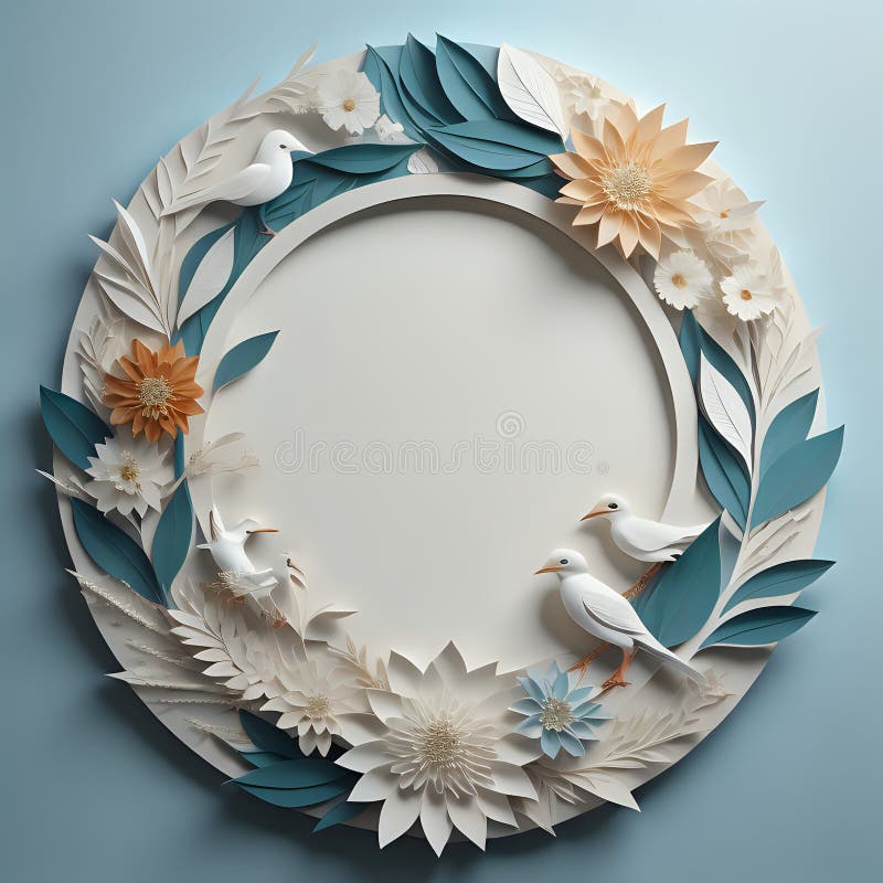 Circular Frame with Flowers Leaves and White Birds on a Light ...