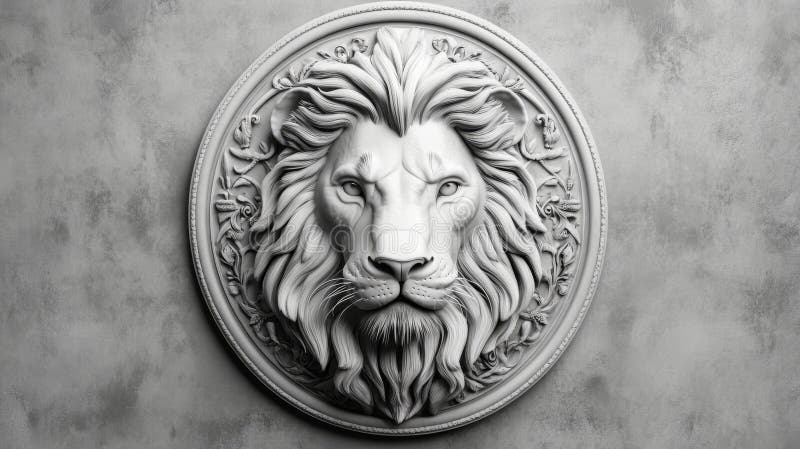 A Circular Frame Surrounds a Roaring Lion Sculpture on a Gray ...